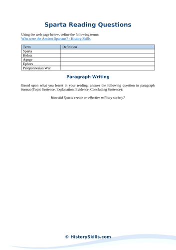Introduction to Sparta Reading Questions Worksheet | Teaching Resources