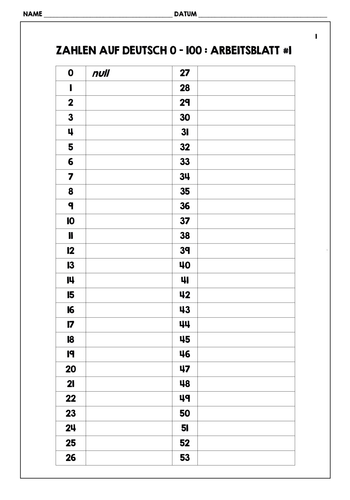GERMAN NUMBERS 0-100 WORKSHEETS FREEBIE #1 | Teaching Resources