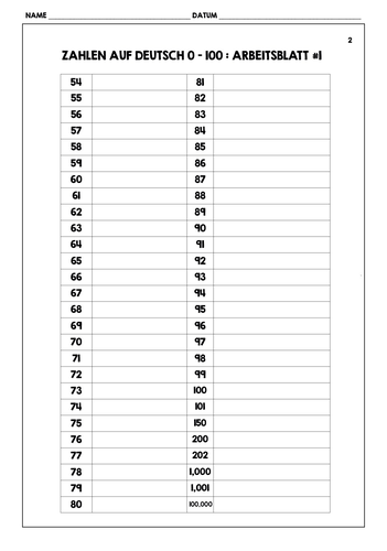 GERMAN NUMBERS 0-100 WORKSHEETS FREEBIE #1 | Teaching Resources