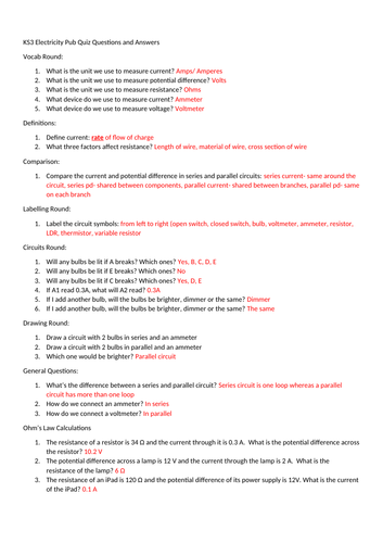 KS3 Electricity Pub Quiz | Teaching Resources