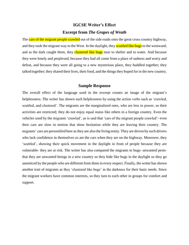 IGCSE's Writer's Effect- Sample Response | Teaching Resources