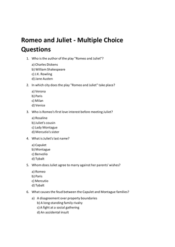 Romeo and Juliet - Multiple Choice Questions | Teaching Resources