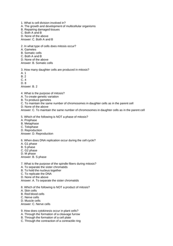 GCSE MCQs on Cell Division - Mitosis | Teaching Resources