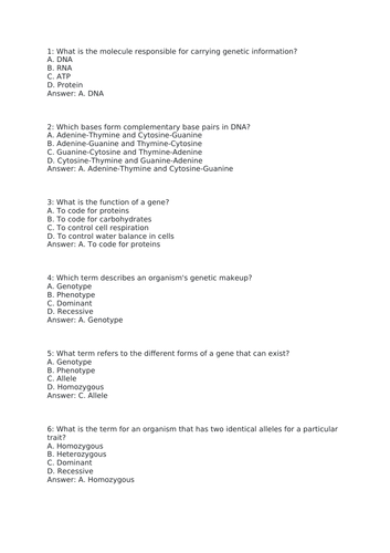 GCSE MCQs on Genetics | Teaching Resources