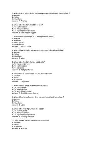 GCSE MCQs on blood vessels and blood | Teaching Resources