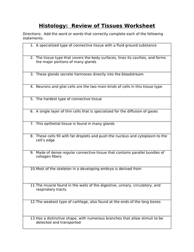 Histology- Review of Tissues Completion Worksheet (Anatomy, Biology ...