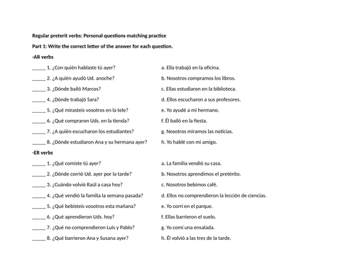 Regular preterit verbs: Personal questions matching practice | Teaching ...