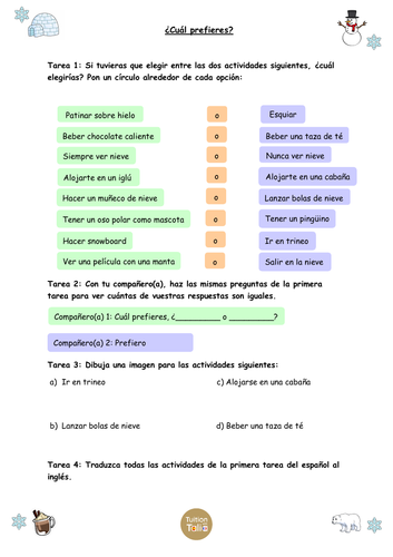 Spanish winter free time activities worksheet | Teaching Resources