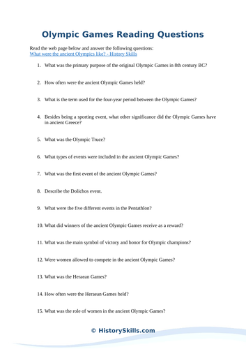 Ancient Greek Olympic Games Reading Questions Worksheet | Teaching ...