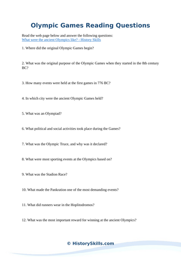 Ancient Greek Olympic Games Reading Questions Worksheet | Teaching ...