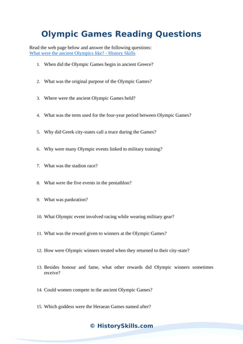 Ancient Greek Olympic Games Reading Questions Worksheet | Teaching ...