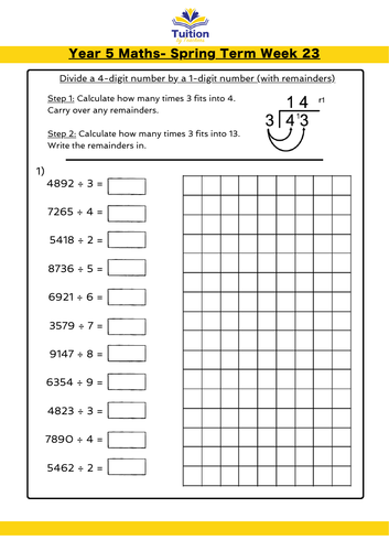 Year 5 - Dividing a 4-Digit Number by a 1-Digit Number with remainders. | Teaching Resources