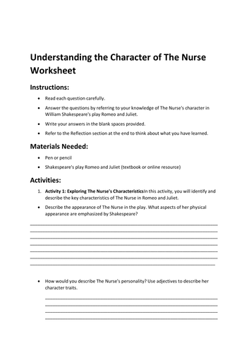 Understanding the Character of The Nurse Worksheet in Romeo and Juliet ...