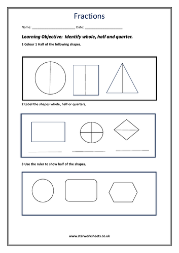 Identify whole, half and quarter Worksheet | Teaching Resources