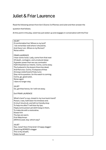 Romeo & Juliet Exam Question: Juliet & Friar Laurence | Teaching Resources