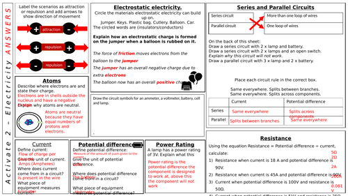 KS3 Electricity Activate 2 P1 Revision Mat & Answers | Teaching Resources