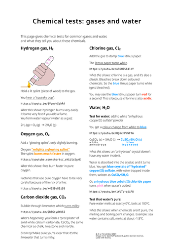 AQA tests for gases and water, 9-1 chemistry GCSE | Teaching Resources