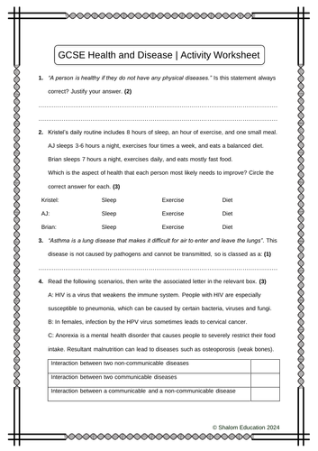 GCSE Biology - Health and Disease Activity Worksheet | Teaching Resources