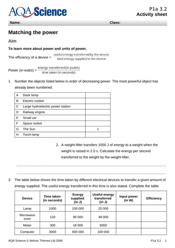 P1.9 Energy and Power | Teaching Resources