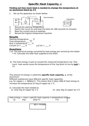 P2.4 Specific heat capacity | Teaching Resources