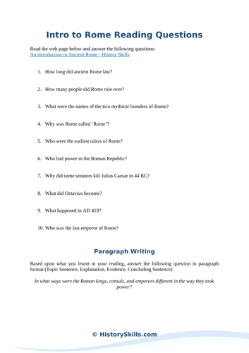 Introduction to Ancient Rome Reading Questions Worksheet | Teaching ...