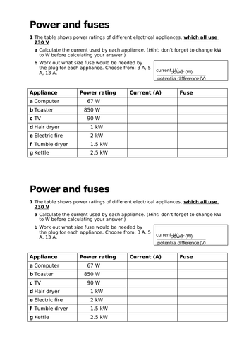 P5.3 Electrical power and potential difference | Teaching Resources