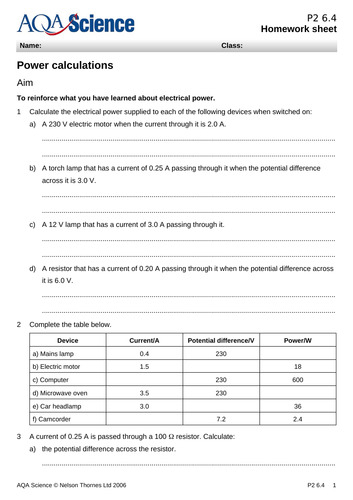 P5.3 Electrical power and potential difference | Teaching Resources