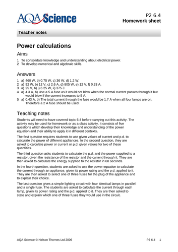 P5.3 Electrical power and potential difference | Teaching Resources