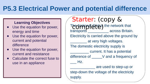 P5.3 Electrical power and potential difference | Teaching Resources