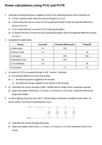 P5.3 Electrical power and potential difference | Teaching Resources