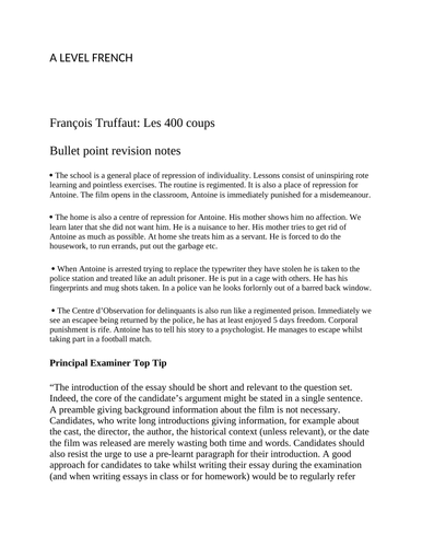 Les 400 Coups: Mock Exam Revision : essay questions; A LEVEL FRENCH ...