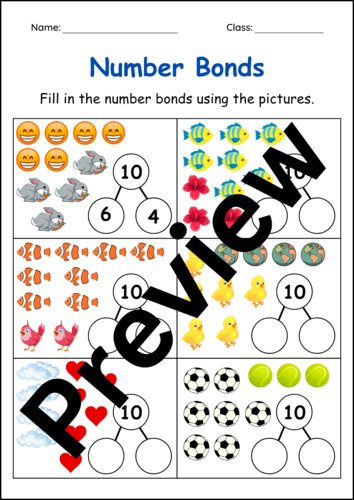 Addition Number Bonds to 5 and to 10 Worksheets - Missing Parts ...