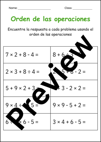Order of Operations in Spanish - Hojas de trabajo de orden de ...
