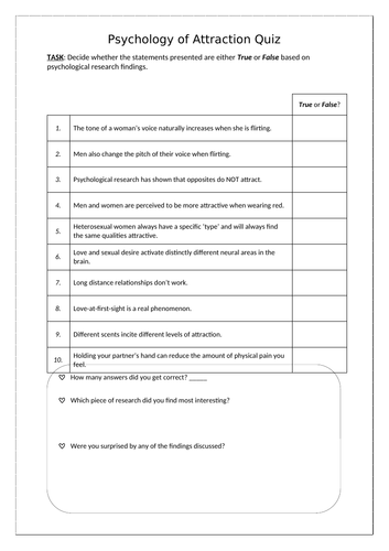 A-Level Psychology - PSYCHOLOGY OF ATTRACTION QUIZ [GREAT FOR VALENTINE ...