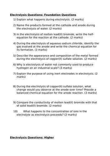 GCSE Chemistry - Electrolysis Questions (Higher & Foundation ...