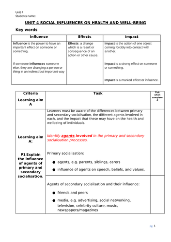 Level 2 Checklist: Unit 4 Learning Aim A, B & C Level 2 BTEC Health and Social Care | Teaching ...