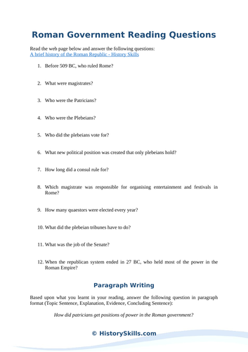 Overview of the Ancient Roman Government Reading Questions | Teaching ...