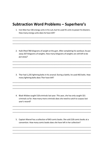 Subtraction Word Problems – Superhero Themed | Teaching Resources