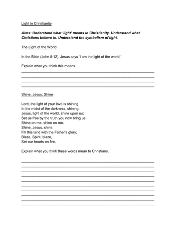 Light in Christianity written tasks | Teaching Resources