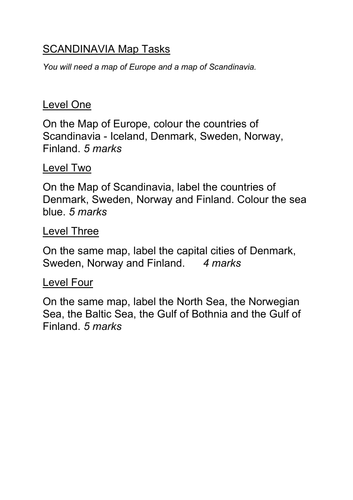 Scandinavia Map Tasks Countries Cities Seas | Teaching Resources