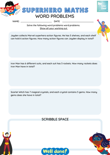 Maths - Superhero Word Problem Worksheets | Teaching Resources