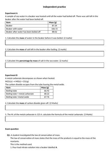 Conservation of mass: AQA GCSE Chemistry C3 | Teaching Resources