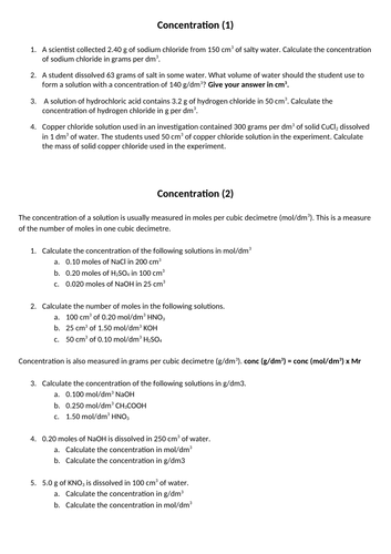 Concentration: GCSE Quantitative Chemistry | Teaching Resources