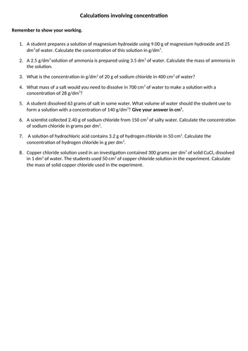 Concentration: GCSE Quantitative Chemistry | Teaching Resources