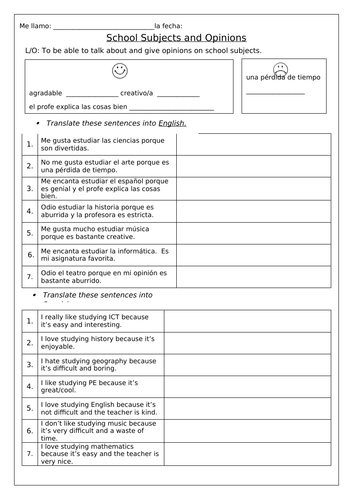 SPANISH - SCHOOL SUBJECTS AND OPINIONS | Teaching Resources