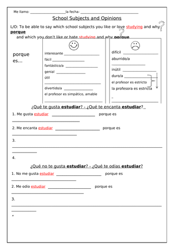 SPANISH - SCHOOL SUBJECTS AND OPINIONS | Teaching Resources
