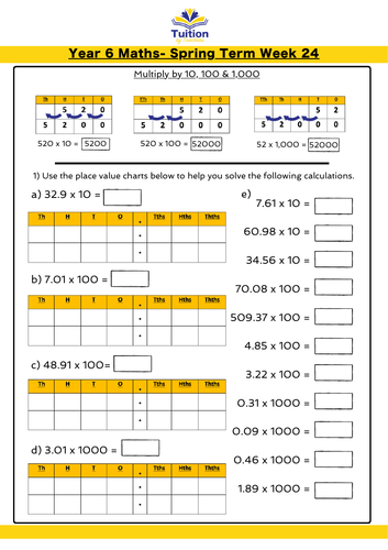 Year 6 - Multiplying Decimals by 10, 100 & 1000 | Teaching Resources