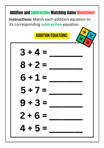 Addition and Subtraction Matching Game Worksheet | Teaching Resources