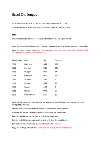 Excel basics - How to and tasks to complete KS3 operations, basic functions, cell references ...