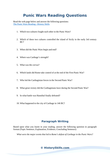 Punic Wars Reading Questions Worksheet | Teaching Resources
